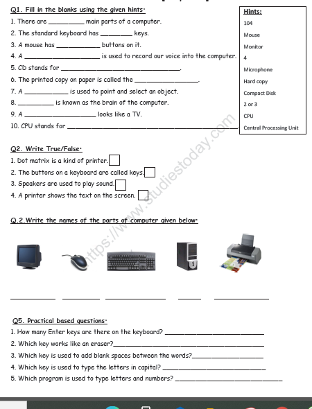 CBSE Class 2 Computers Practice Worksheet